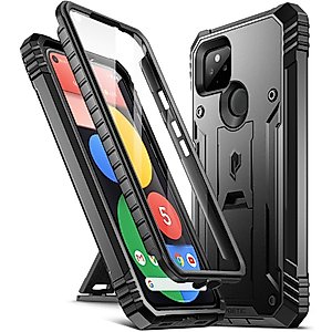 Poetic Revolution Series for Google Pixel 5 Case, Full-Body Rugged Dual-Layer Shockproof Protective Cover with Kickstand and Built-in-Screen Protector, Black