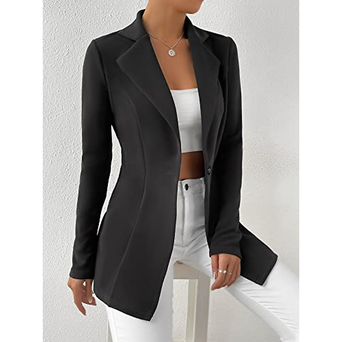 MakeMeChic Women's Button Front Lapel Collar Long Sleeve Blazer Jackets Coat Regular Black A L