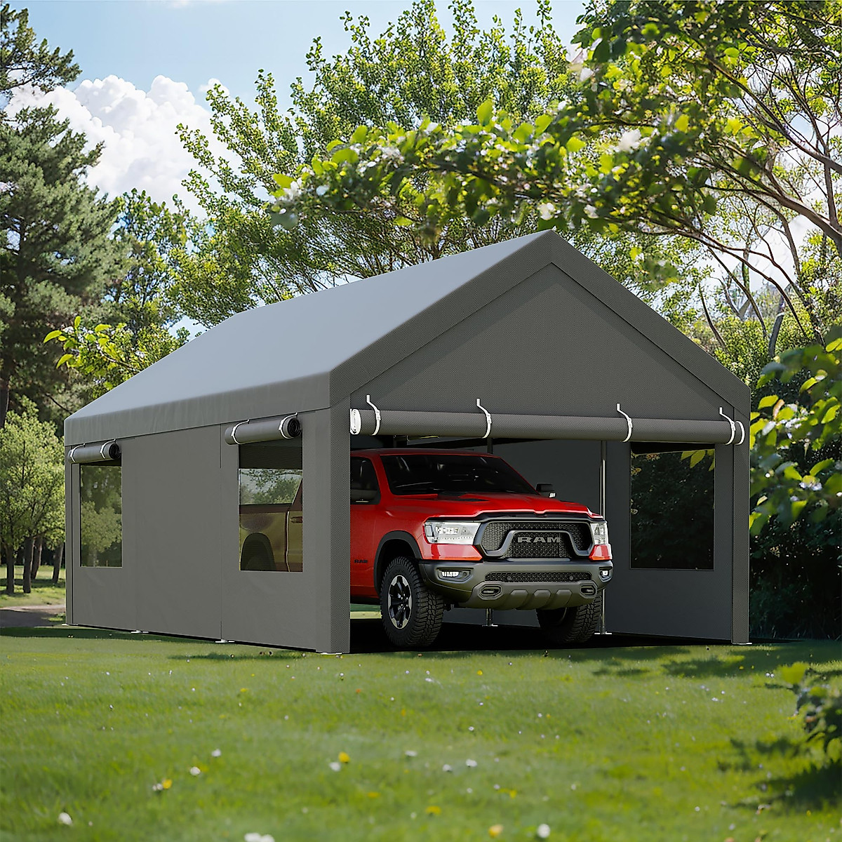 JY QAQA Carport 12x20 FT Heavy Duty Carport Reinforced Steel Poles with Removable Sidewalls & Doors for Pickup, Boat,Car,Grey