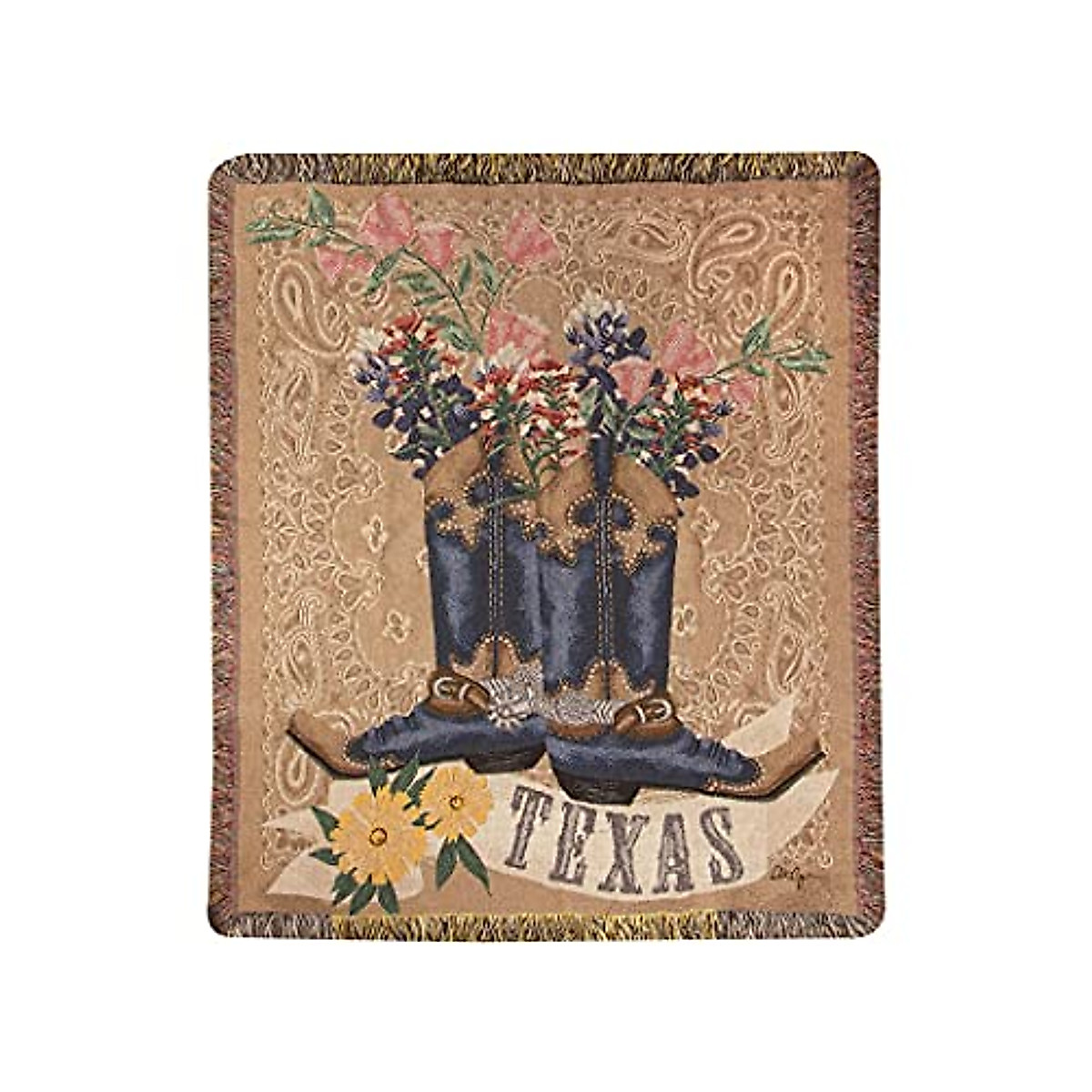 CC Home Furnishings Brown and Blue Texas Bluebonnet Throw Blanket with Fringe Border 60" X 50"