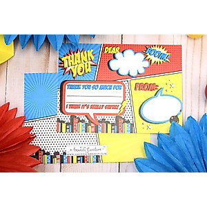 Comic Book Super Hero Birthday Thank You Notes, Ten 4" x 5.5" Fill In The Blank Cards with 10 White Envelopes by AmandaCreation