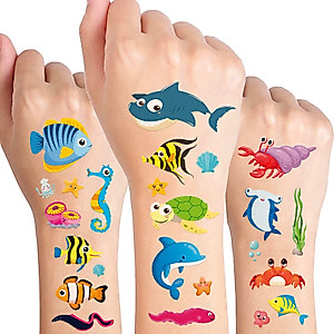 Cute Sea Animal Ocean Temporary Tattoo Stickers 615 Count summer Tropical Fish Shark Mermaid Party Favors Goodie Gift Bags Decor Waterpoof Fake Tattoos Art Craft for Kids Birthday Party Supplies Gifts