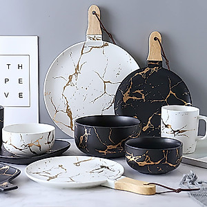 Set of 4 Gold Marble Soup Bowls Ceramic Cereal Bowl Marble Soup Bowl 17 OZ Ceramic Rice Bowl Luxury Gold Inlay Dessert Bowl (Black-4)