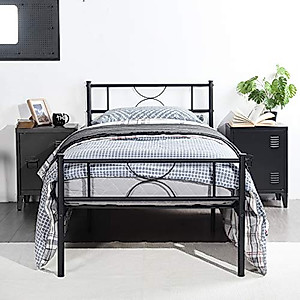 FurnitureR Twin Size Metal Slat Bed Frame Mattress Foundation, Heavy Duty Platform with Headborad and Under Bed Storage, No Box Spring Needed, Support Non-Slip, Black
