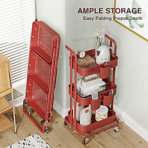 DTK 3 Tier Foldable Rolling Cart, Metal Utility Cart with Lockable Wheels, Folding Storage Trolley for Living Room, Kitchen, Bathroom, Bedroom and Office, Red