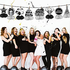 8PCS Black White Silver Birthday Decorations Honeycomb Centerpieces for Women Men, Black White Happy Birthday Table Centerpieces Party Supplies, 16th 21st 30th 40th 50th Birthday Table Topper Decor