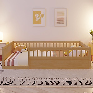 DNYN Full Size Floor Bed for Kids Bedroom,Solid Wood Bedframe w/Fence & Easy Assemble & Space Saving Design & No Box Spring Needed, Natural
