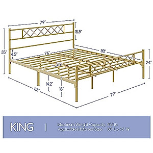 Yaheetech Metal Platform King Bed Frame Mattress Foundation with Headboard and Footboard No Box Spring Needed Under Bed Storage Steel Slats Antique Gold