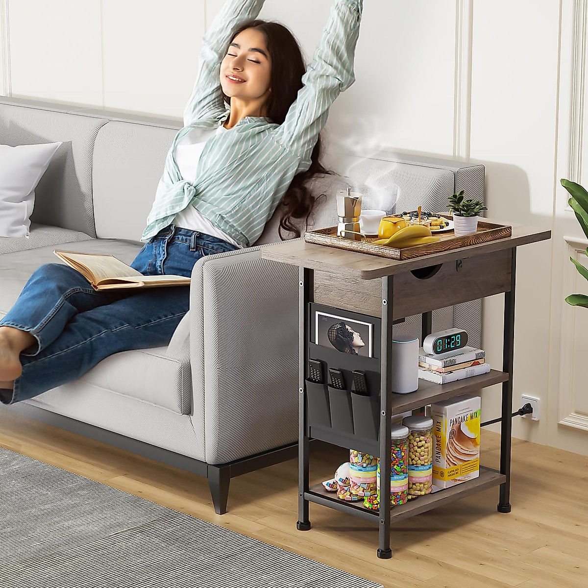 TARKARI End Table with Charging Station Narrow Side Table with Storage nightstand for Small Spaces end Tables Living Room Bedroom with USB Ports and outlets Bedside Tables