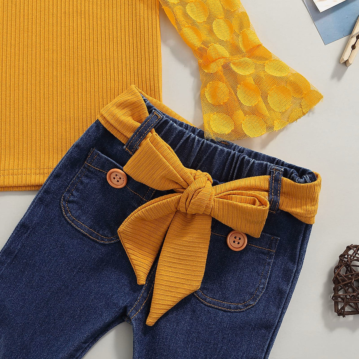 Durveency Kids Toddler Clothes Set Baby Girls Mesh Long Sleeve Shirt and Flared Denim Pants Spring Fall Winter 2pcs Outfits Clothing (Yellow , 4-5T )