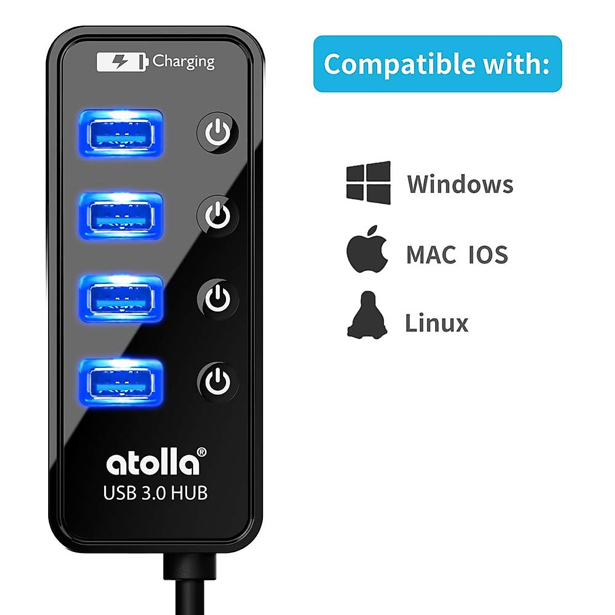 Powered USB Hub Long Cord, atolla USB 3.0 Hub 4 + 1 Data Transfer and Charging Multiport with Power Supply Adapter 15W (5V/3A) and 3.3ft Meter USB 3 Extension Cable