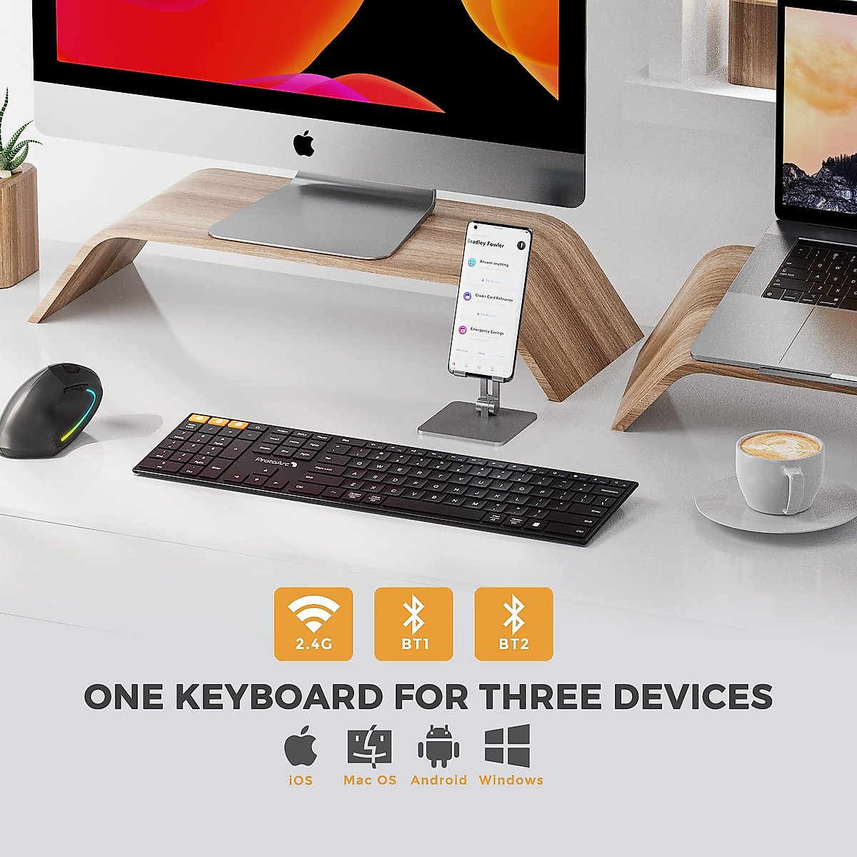 ProtoArc Wireless Left Handed Keyboard, XK21 Bluetooth Left-Handed Wireless Keyboard, Full-Size Ultra-Thin Rechargeable Silent Multi-Device Left Hand Numeric Keypad, Windows/Mac/Android