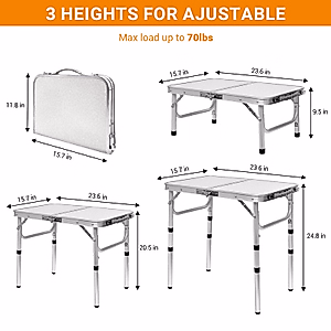 Folding Camping Table Small 3 Adjustable Height Portable Lightweight Table Aluminum for Outdoor Picnic Beach BBQ Cooking Home Use