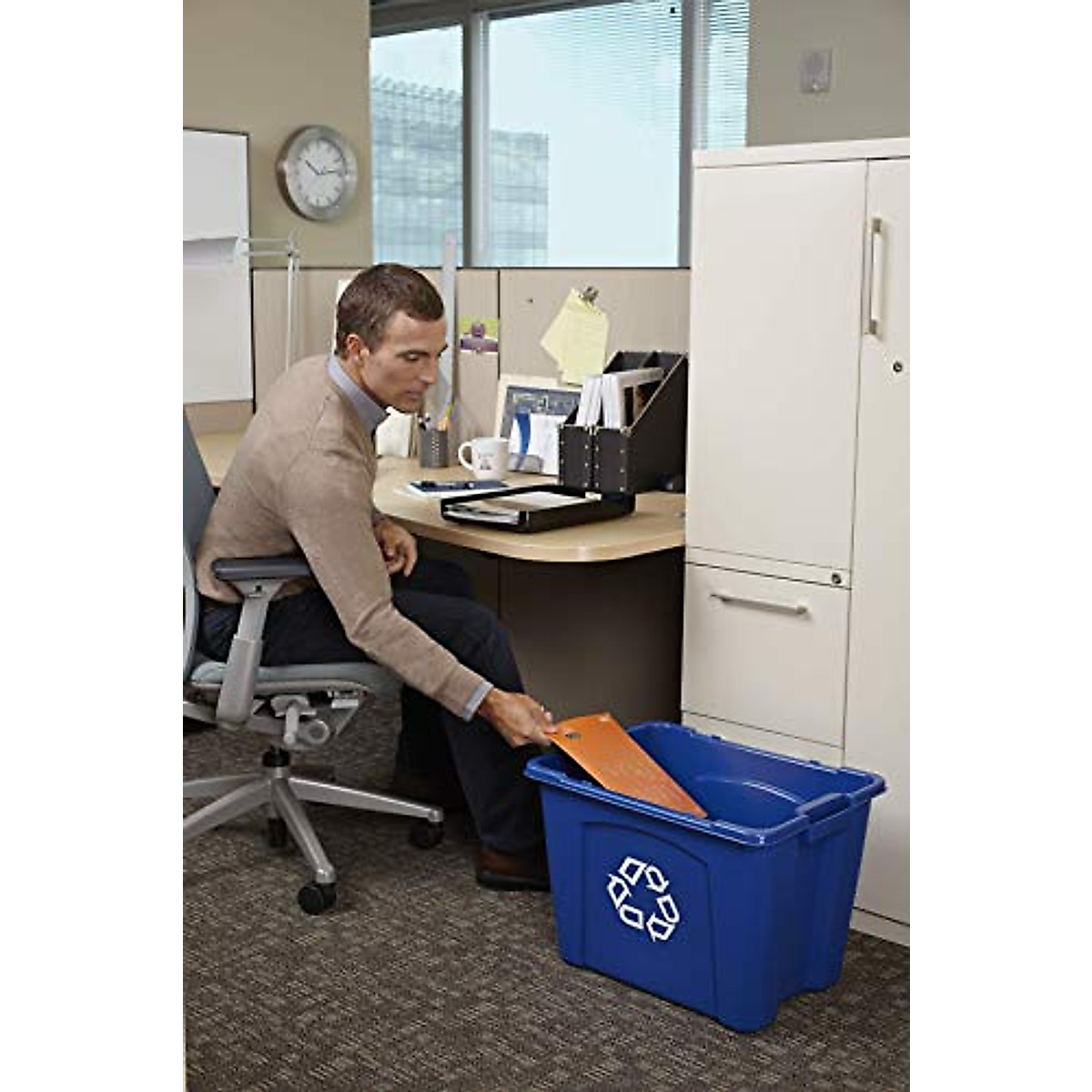Rubbermaid Commercial Products, Recycling Bin/Box for Paper and Packaging, Stackable, 14 GAL, for Indoors/Outdoors/Garages/Homes/Commercial Facilities, Blue (FG571473BLUE)