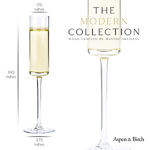 Aspen & Birch - Modern Champagne Flutes Set of 6 - Champagne Glasses - Mimosa Glasses, Crystal Stemware, Clear, 6 oz, Hand Blown Glass Champagne Flutes - Hand Crafted by Artisans