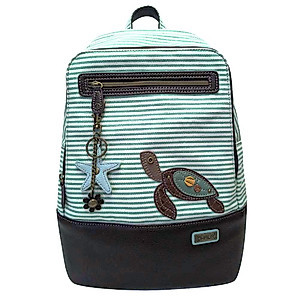 CHALA New Deluxe Striped multipurpose-backpacks with detachable Key Charm, fit up to 14" Laptop for Adult (Teal Stripe_ Sea Turtle)
