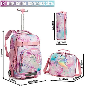 Egchescebo Kids Rolling Unicorn School Backpack for Girls Luggage Suitcase With Wheels Trolley Wheeled Backpacks for Travel Bags 18' 3PCS Girls Unicorn Backpack With Lunch Box Pink