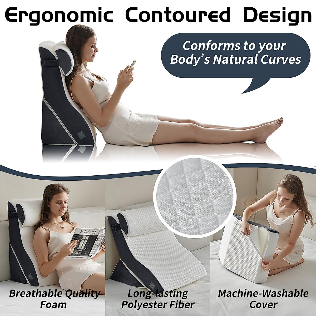 3PCS Qirroboni Orthopedic Bed Wedge Pillow Set, Adjustable Pillows for Neck, Back and Leg Pain Relief Comfortable & Post Surgery Foam - Heartburn, Anti Snoring, Acid Reflux GERD Sleeping Charcoal Grey