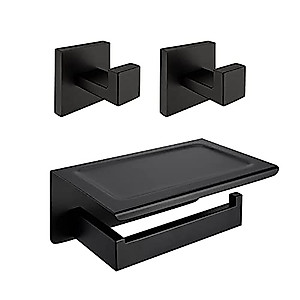 Nolimas Matte Black Bathroom Hardware Set 3 Pieces SUS304 Stainless Steel Square Wall Mounted Set Including Robe Towel Hooks,Toilet Paper Holder with Shelf, Bathroom Accessories Kit