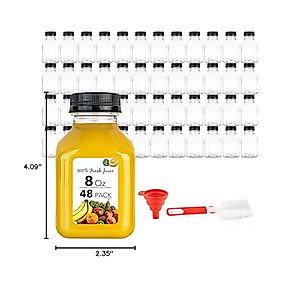 8 oz Juice Bottles with Caps for Juicing - Reusable Plastic Bottles with Lids - 8 Oz Drink Containers for Mini Fridge, Juicer Shots, Small Water Bottles - Includes Labels, Brush & Funnel - (48 Pack)