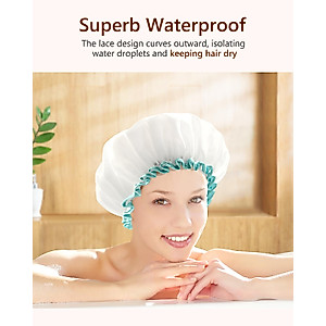 mikimini White Shower Cap for Long Hair 1 Pack, 12 inch large size,Waterproof Washable Hair Caps for Women and Girls, Super Cute and Extra Large