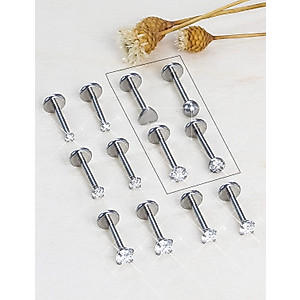 Prjndjw 18G 20G Push in Threadless Nose Rings Stud Earrings Hypoallergenic Flat Back Surgical Stainless Steel Cubic Zircon Helix/Cartilage/Tragus/Lobe Earrings Lip Labret Snake Bite Jewelry