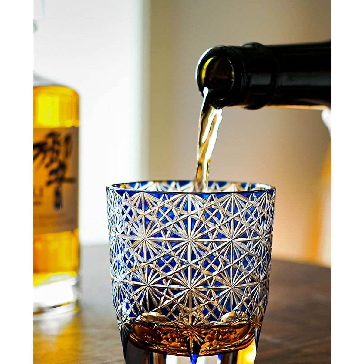 JEMQ Edo Kiriko Color Hand Cut Crystal Glass Tumbler Whisky Gass 9 Oz Glassware with Luxury Gift Box, Suitable for Cocktail Whisky Drink Red Wine Vodka (Blue)