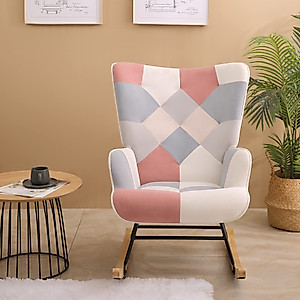 KGOPK Accent Rocking Chair, Mid Century Fabric Rocker Recliner Chairs with Wood Legs and Patchwork Linen for Livingroom Bedroom, Pink