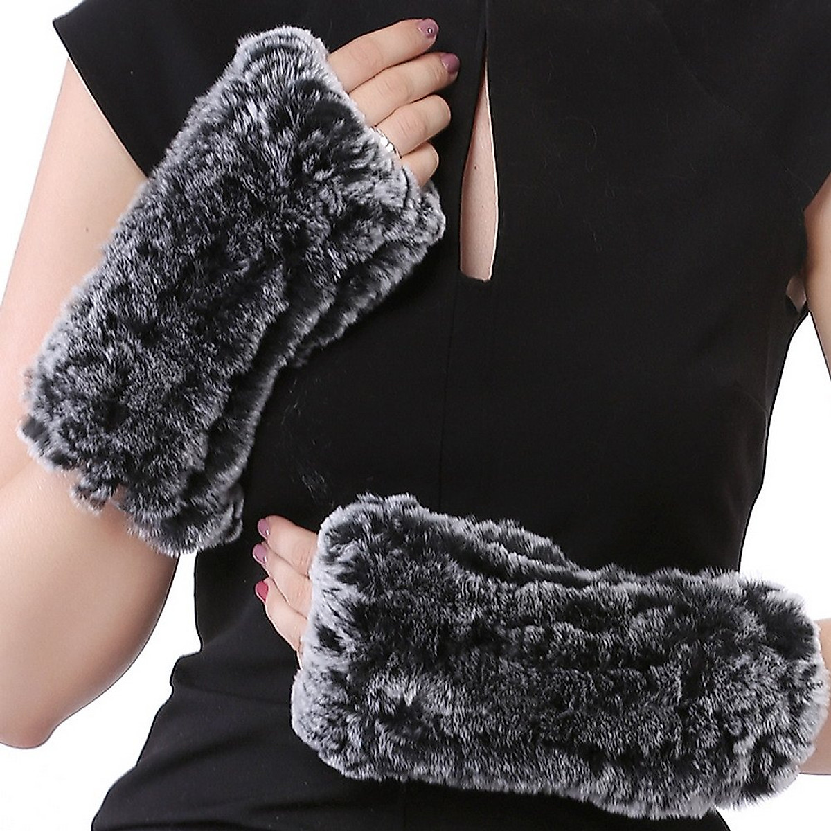 Valpeak Womens Rabbit Fur Winter Mittens Knitted Fingerless Gloves(Snowtop Black)