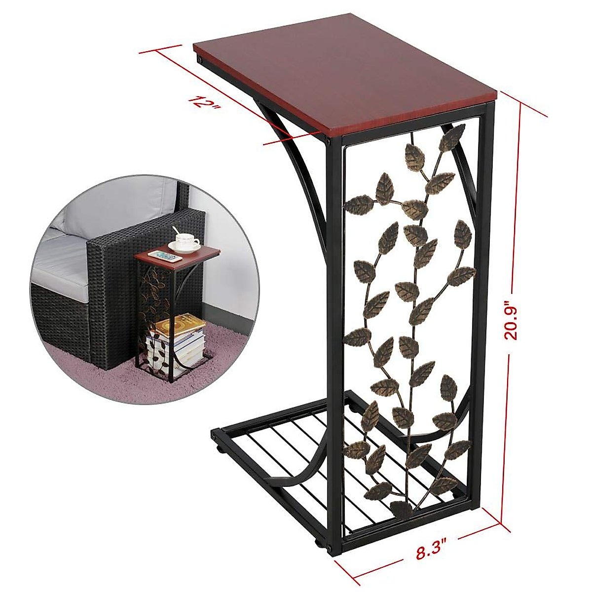 Yaheetech C Shaped End Table Set of 2 Sofa Side Tables for Living Room, Couch Tables Small Coffee Tray Snack Tables Slide Under Sofa with Elegant Leaf Design, Bronze Metal Frame and Wooden Tabletop