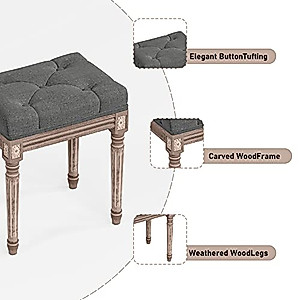 Yusong Vanity Stool Upholstered Bench Seat for Makeup Room, Vintage Small Bedroom Dining Bench with Tufted Fabric for Living Room, Piano Stool with Rustic Wood