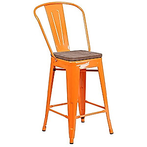 Flash Furniture Lily 24" High Orange Metal Counter Height Stool with Back and Wood Seat