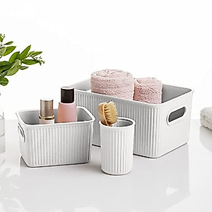 Superio Ribbed Plastic Storage Basket Organizer, White and Grey, 5 Liter- Stackable Classic Closet Storage Bin for Shelf, Desk, Pantry- Store Toys, Clothes, Cosmetics,