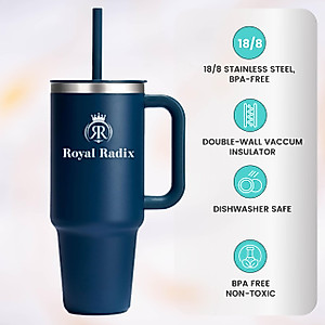 Royal Radix 40oz Insulated Tumbler with Handle & Straw, Stainless Steel Travel Mug, Leak-Proof, Hot & Cold Beverage Cup, BPA-Free, Dishwasher Safe, for Coffee & Water