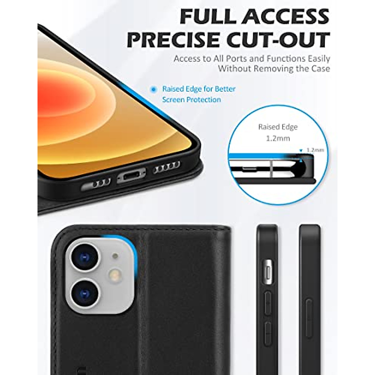 SHIELDON Case for iPhone 12/12 Pro 5G, Genuine Leather Wallet Case Magnetic RFID Blocking Credit Card Holder Kickstand Shockproof Case Compatible with iPhone 12/12 Pro (6.1 Inch 2020) - Black