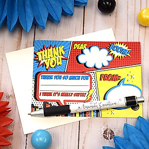 Comic Book Super Hero Birthday Thank You Notes, Ten 4" x 5.5" Fill In The Blank Cards with 10 White Envelopes by AmandaCreation