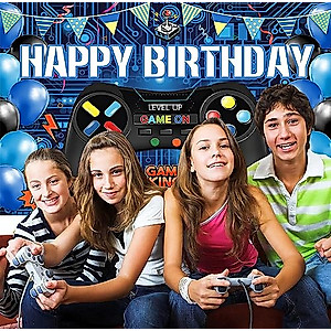 Happy Birthday Video Game Photography Backdrop Blue Level Up Gaming Happy Birthday Banner Boy Family Indoor Outdoor Gamer Room Video Game Party Wall Decoration 7x5ft