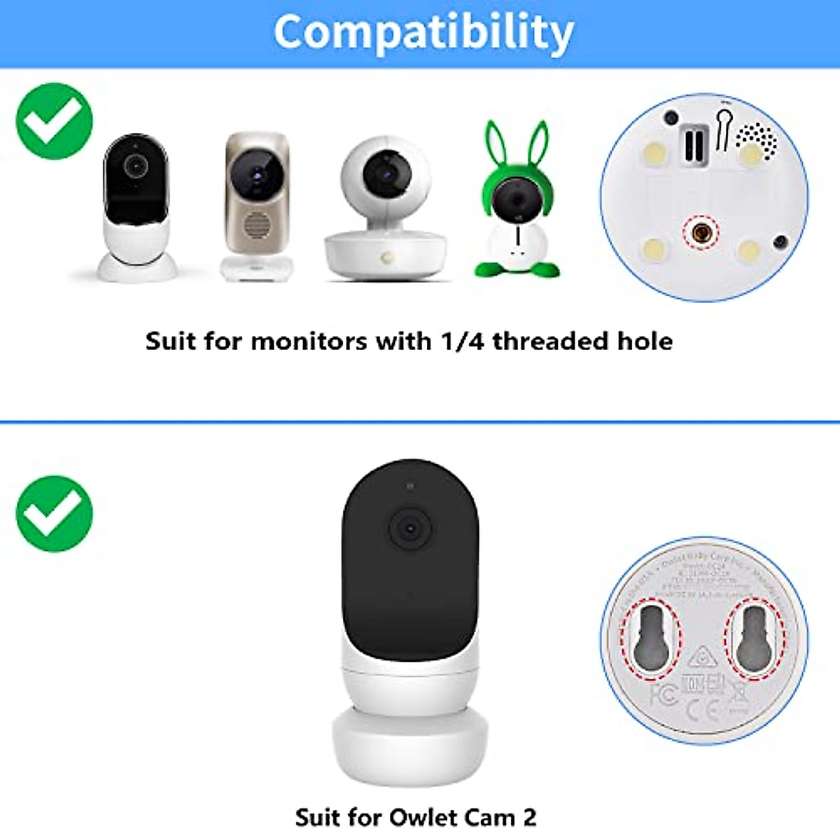 Flexible Clip Mount Compatible with Owlet, Motorola and Other Baby Monitor Camera with 1/4 Threaded Hole Without Tools or Wall Damage - White