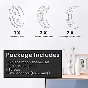Gibbous Nimbus Large 12.2" Moon Phase Shelf Set (5 PCS) - Moon Shelf Set Moon Decor Crystal Display Shelf - Boho Shelf Decor Moon Shelf Wall Decor - Black Wooden Crescent Moon Crystal Shelf Decor…