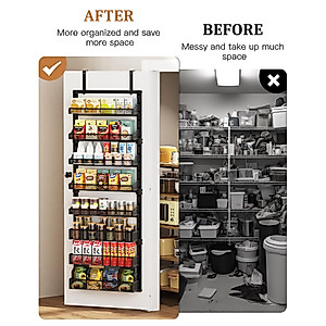 POKIPO 8-Tier Over the Door Pantry Organizer, Large Metal Door Spice Rack with Adjustable Basket, 2 in 1 Wall Mount or Hanging Heavy-Duty Pantry Door Storage Shelf for Kitchen and Bathroom, Black