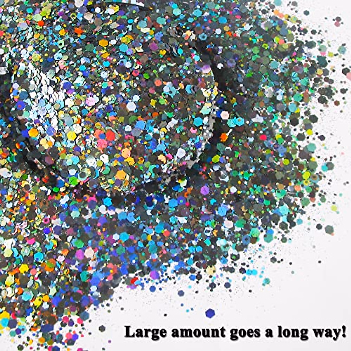 LuckForever 150g Holographic Black Chunky Glitter Flakes Mixed Hexagon Shape Nail Glitters Confetti Craft Sequins Manicure Sticker Accessories for Resin/Crafts/Nails/Body/Makeup