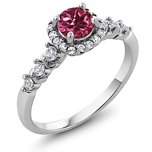 Gem Stone King 925 Sterling Silver Pink Tourmaline and White Created Sapphire Ring For Women (0.92 Cttw, Round 5MM, Gemstone Birthstone, Available In Size 5, 6, 7, 8, 9)