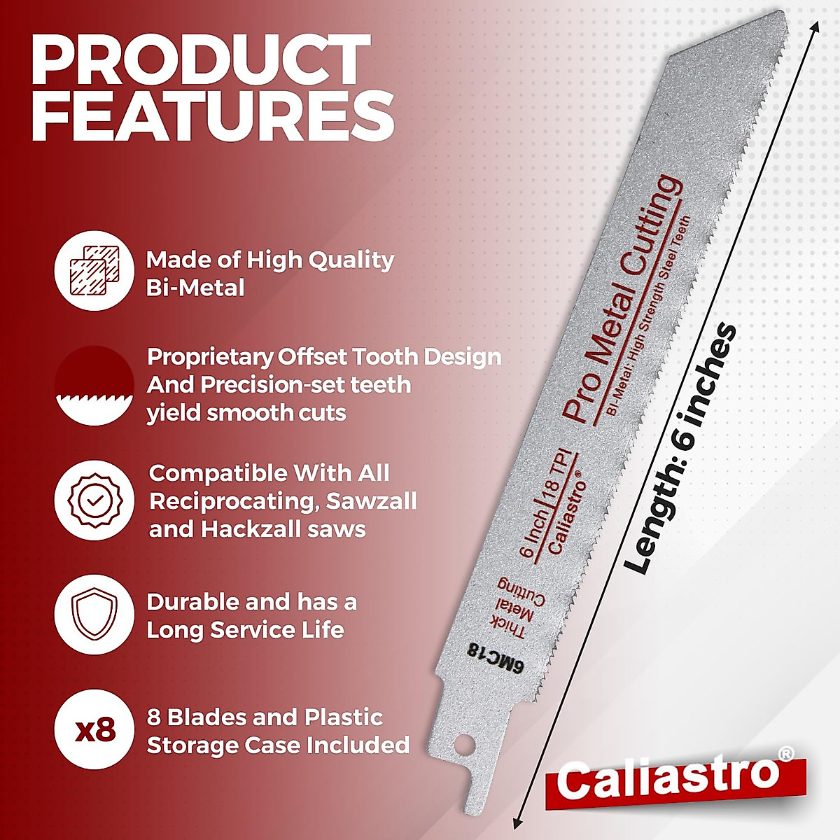 6-Inch Thick Metal Cutting Reciprocating Saw Blades (18 TPI) Made of Long Lasting Bi-Metal (HSS Teeth Bonded to HCS Body) - 8 Pack - Caliastro