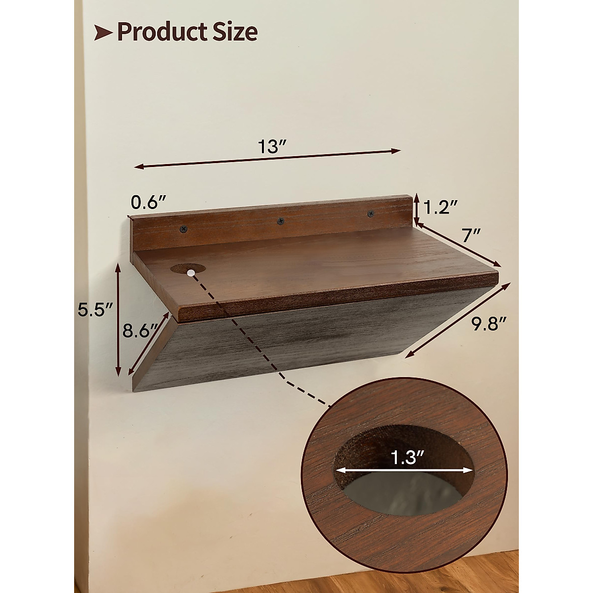 Sivapleso Floating Nightstands Set of 2, with Cable Hole Walnut Color Wood Floating Bedside Table Lightweight Small Wall Mounted Night Stand Hanging for Wall