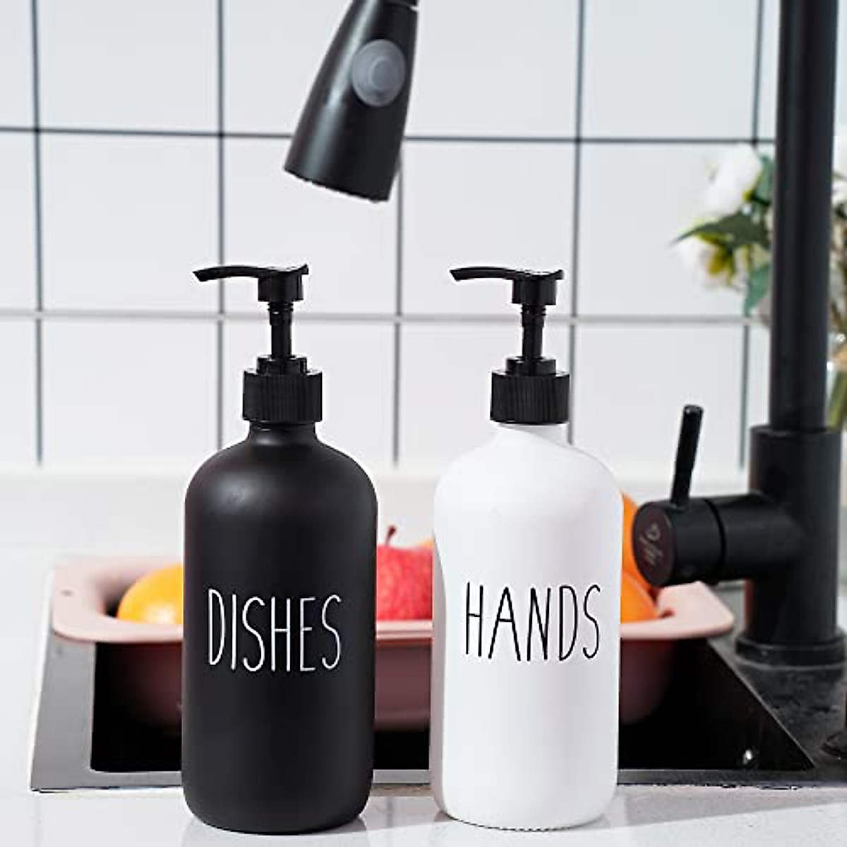 Funly mee 2 Pack Farmhouse Glass Soap Dispenser Set -17 OZ, Refillable Hand Soap and Dish Soap Dispenser for Bathroom and Kitchen (Black/White)