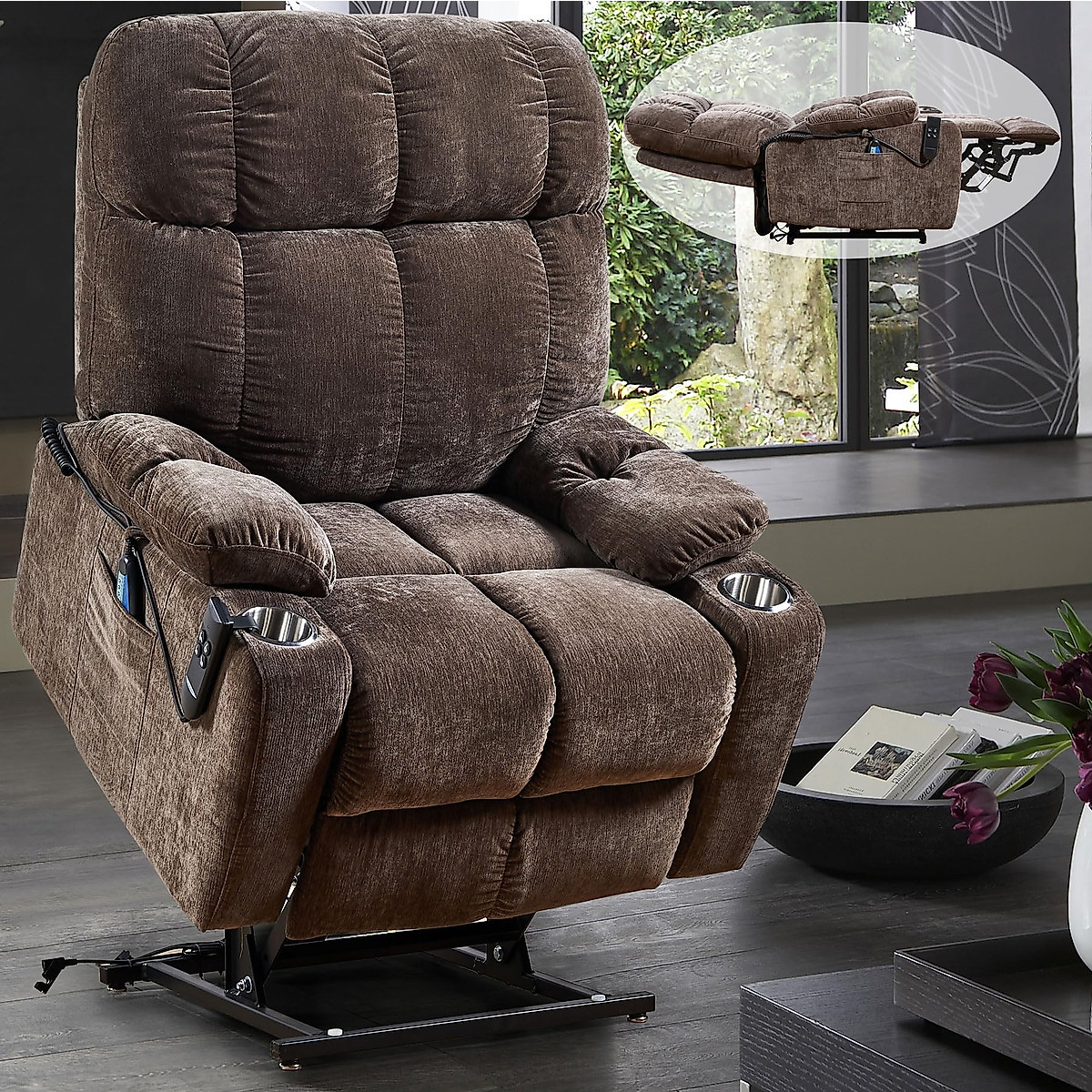 Plococo Lay Flat Sleeping Dual OKIN Motor Lift Recliner Chair with Vabriation Heat Massage for Elderly,Infinite Position Soft Fabric Power Electric Recliner Sofa Chair for Living Room, Brown, 9990