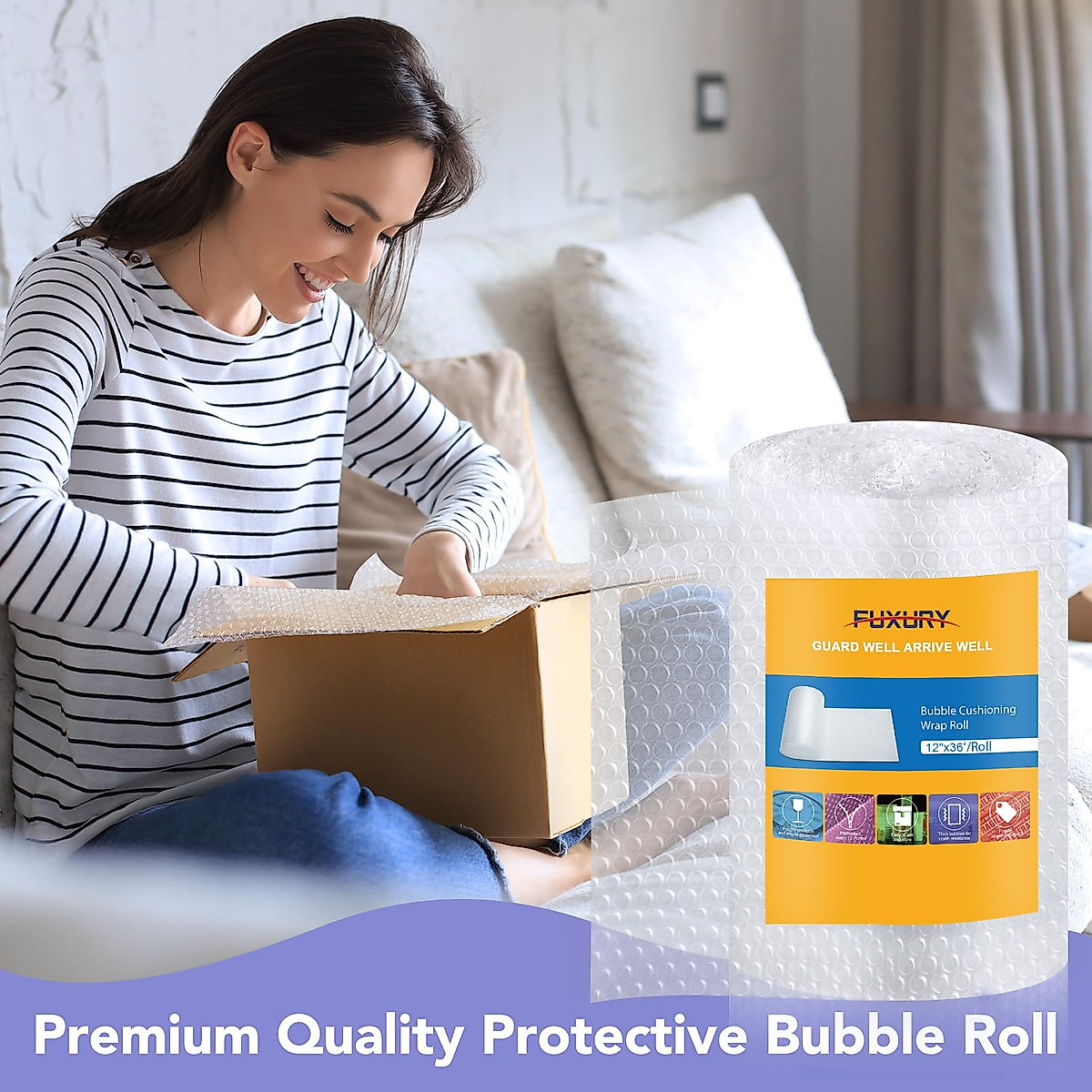 2-Pack Bubble Cushion Wrap Roll, Fuxury 12 Inch x 72 Feet Total Air Bubble Cushioning Wrap, Perforated Every 12", Included 20 Fragile Sticker Labels for Packaging Moving Shipping Boxes Supplies
