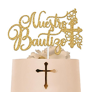 Nuestro Bautizo Cake Topper, Mi Primera Comunion, First Holy Communion, Bridal Shower/Wedding/Baptism/Christening Baby Shower Party Decorations, Gold Glitter