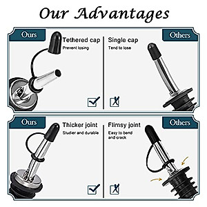 Aozita Bottle Pourers 12 Pack, Stainless Steel Liquor Pourers with Rubber Dust Caps - Classic Bottle Pourers Tapered Spout, Ribs Flex to Fit Different Liquor Bottles About 3/4" Bottle Mouth