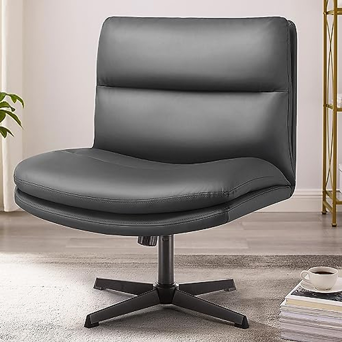 PUKAMI Armless Office Desk Chair No Wheels,PU Padded Modern Swivel Criss Cross Legged Chair,Height Adjustable Wide Seat Computer Task Chair for Home Office,Mid Back Accent Vanity Chair (Grey)